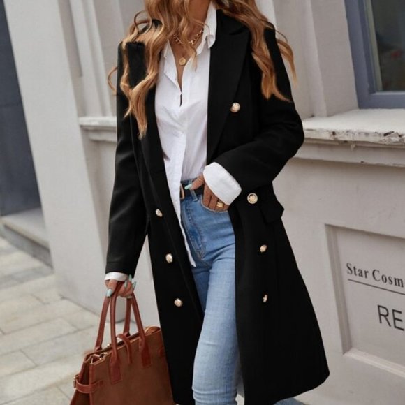 Jackets & Coats | Classic Button Up Long Jacket Coat Shabby Chic Bla ...